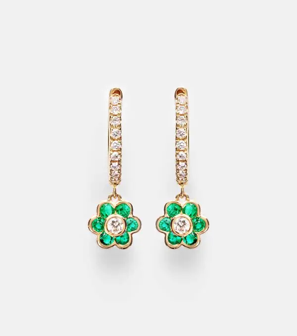 ANITA KO Flora 18kt Yellow Huggie Earrings With Diamonds And Emeralds