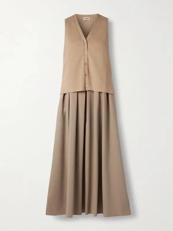 Staud Layered Cotton And Cashmere-blend And Pleated Crepe Midi Dress - Neutrals