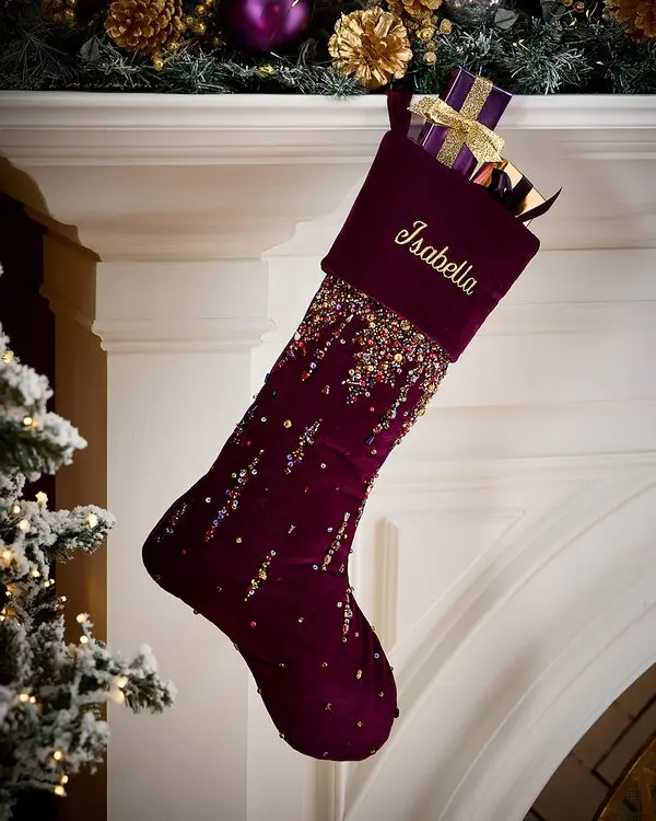 Neiman Marcus Plum Christmas Beaded Stocking, Personalized