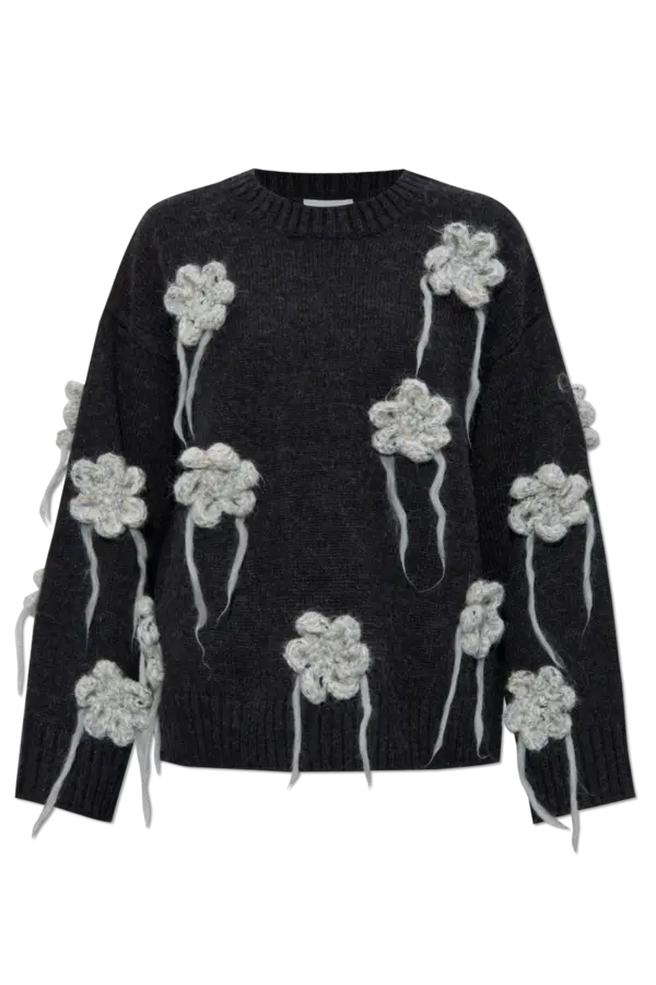 GANNI Oversized Floral Appliqué Wool Sweater