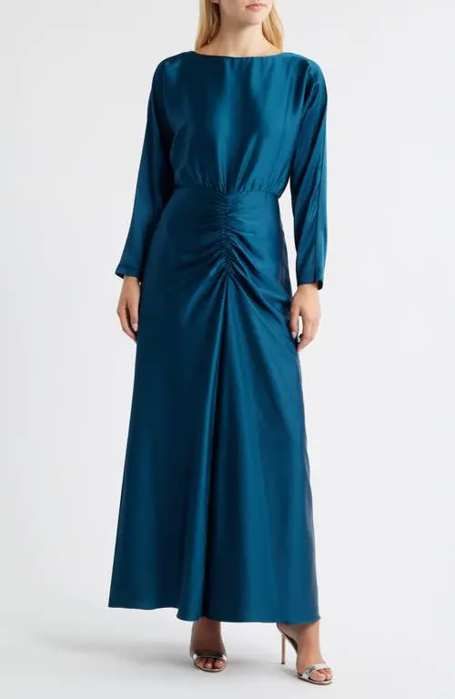 Julia Jordan Ruched Detail Long Sleeve Satin Gown