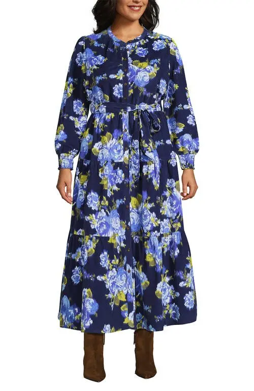 LANDS' END Pinwale Cord Smocked Sleeve Maxi Dress - Deep Sea/clear Blue Roses