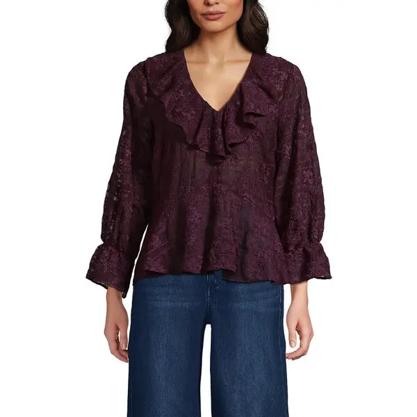 LANDS' END Ruffle Chiffon V-neck Blouse - Lush Burgundy