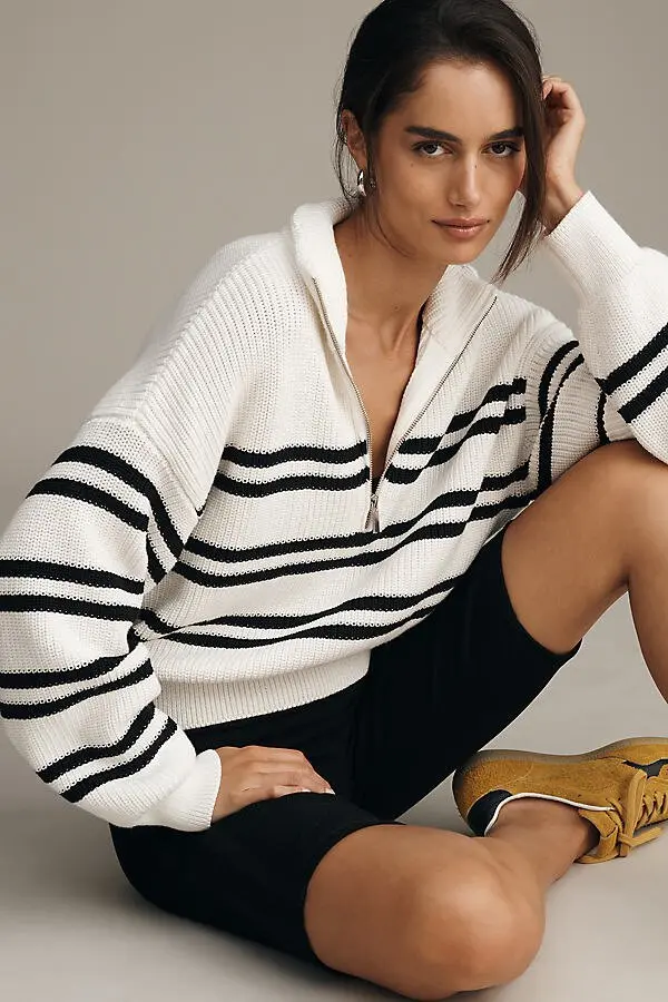 L*Space Striped Half-zip Cropped Sweater - Black & White Pattern