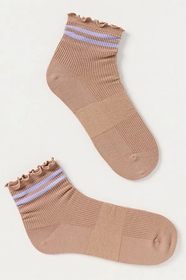 BOMBAS Ruffle Rib Quarter Socks - Deep Tan Stripe