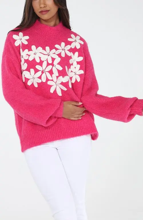 RAIN AND ROSE Rhinestone Floral Turtleneck Sweater - Fuchsia
