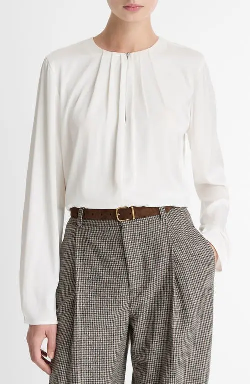 Vince Pleated Neck Silk Blend Top - Off White