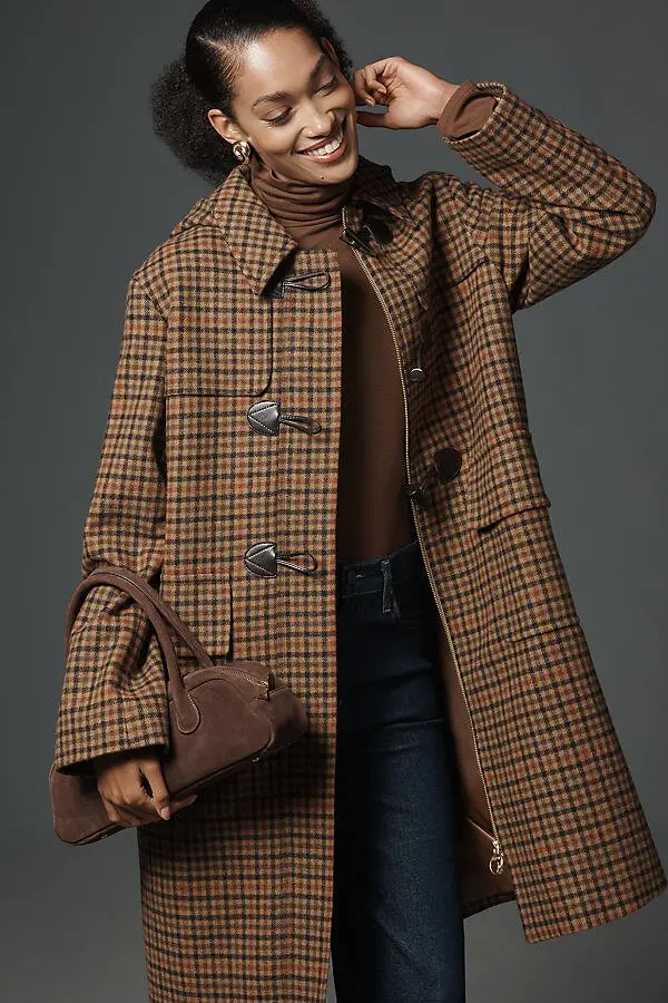 Barbour Check Wool Duffle Coat - Brown Pattern