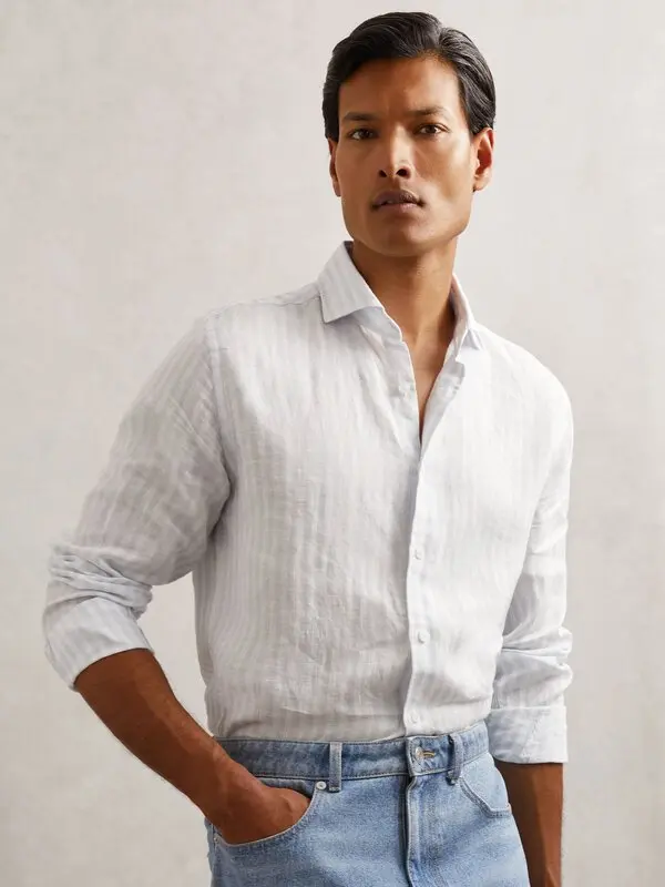 REISS Ruban Linen Stripe Long-sleeve Shirt - Pale Blue/white Stripe
