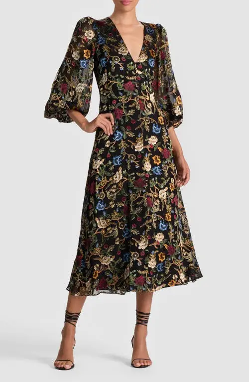 Alice + Olivia Mona Floral Burnout Long Sleeve Midi Dress - Tapestry Trails Sm Black