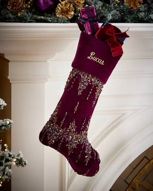 Neiman Marcus Plum Christmas Beaded Stocking, Personalized