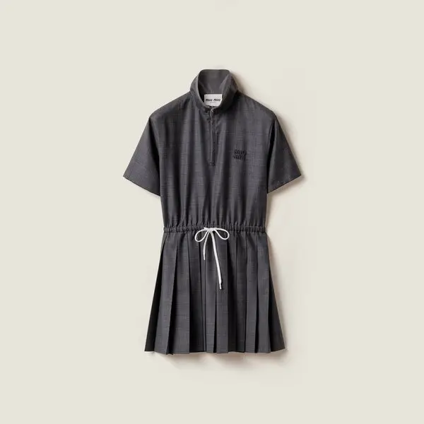 Miu Miu Prince Of Wales Pleated Short Dress