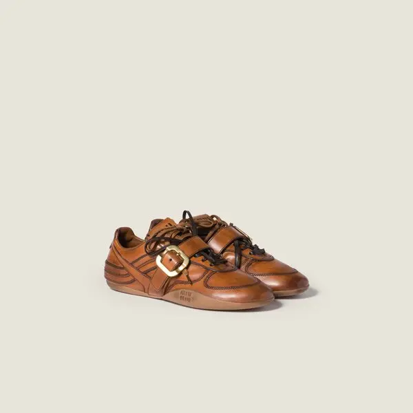Miu Miu Leather Sneakers With Buckle - Cognac