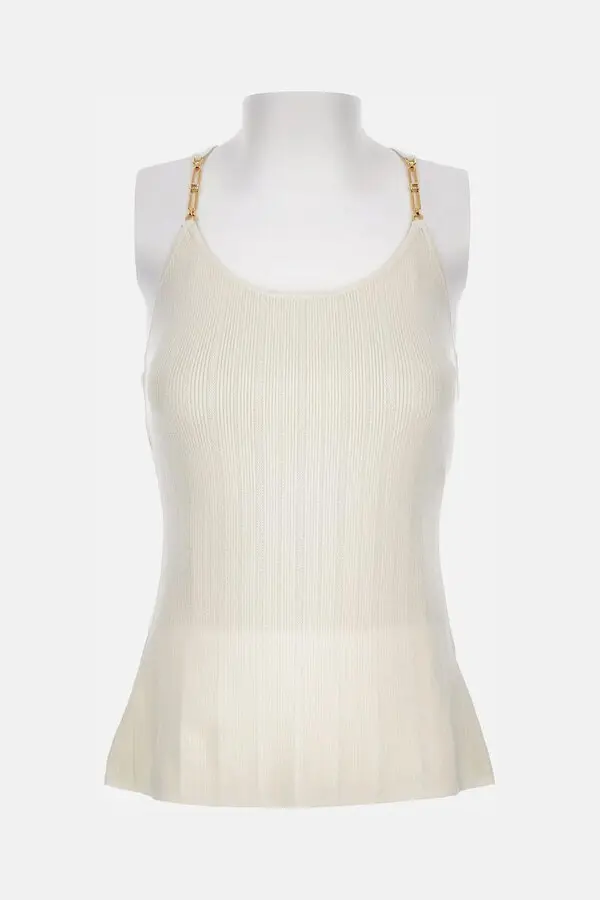 Elisabetta Franchi Ribbed Tricot Top With Chain Detail - White