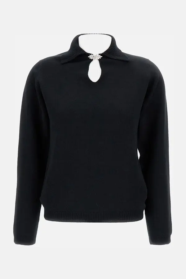 BARRIE Knit Top With Rhinestone Brooch - Black