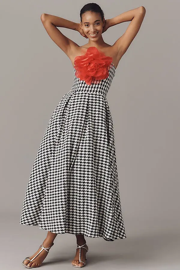 Mac Duggal Strapless 3d Flower Bouclé A-line Midi Dress