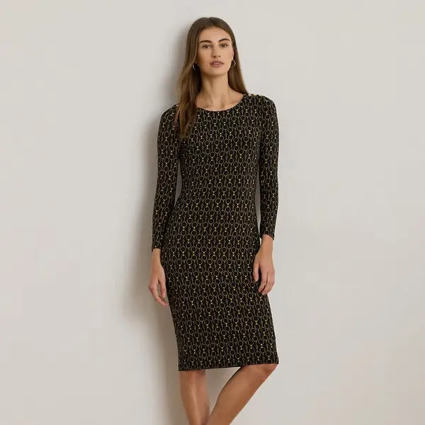 Ralph Lauren Chain-print Three-quarter-sleeve Sheath Dress