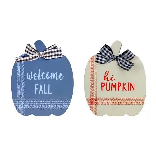 NORTHLIGHT Fall Harvest Wooden "hi Pumpkin" And "welcome Fall" Plaques With Bow8"set Of 2
