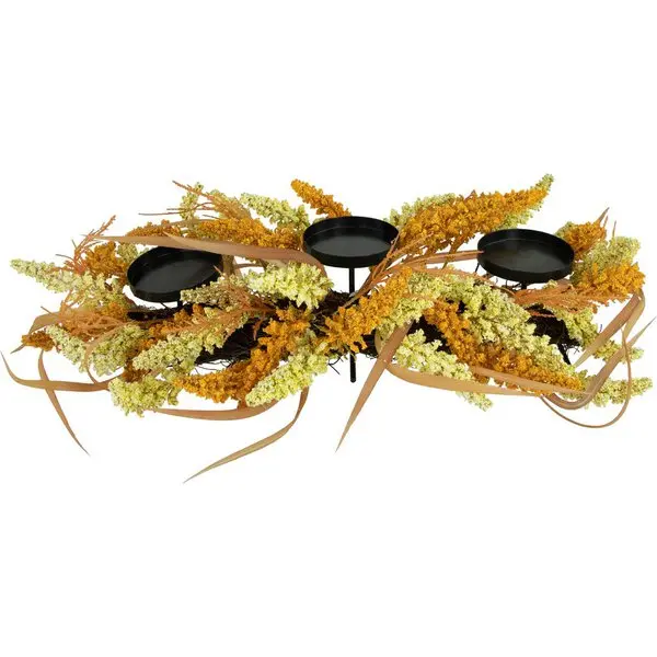 NORTHLIGHT Autumn Harvest Triple Candle Holder With Artificial Fall Foliage22 - Orange