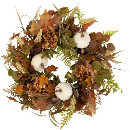 NORTHLIGHT Pumpkins And Leaves Artificial Fall Harvest Wreath26"unlit