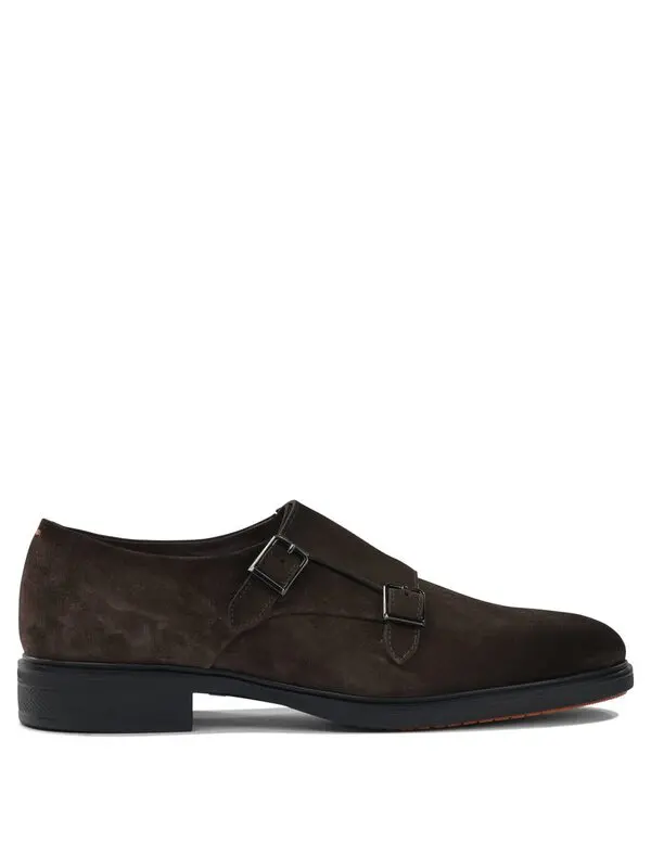 Santoni Suede Double Buckle Loafers - Brown