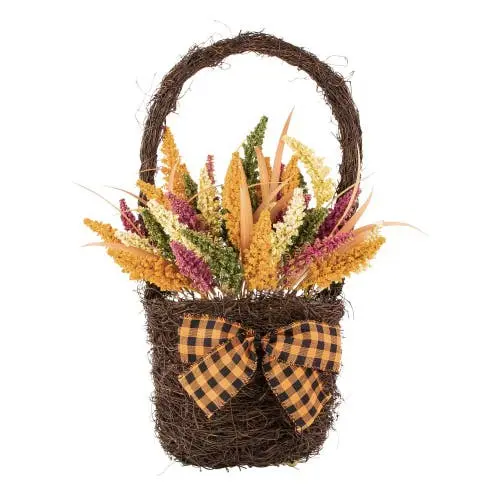 NORTHLIGHT Autumn Harvest Hanging Basket With Artificial Foliage And Checkered Bow22 - Orange