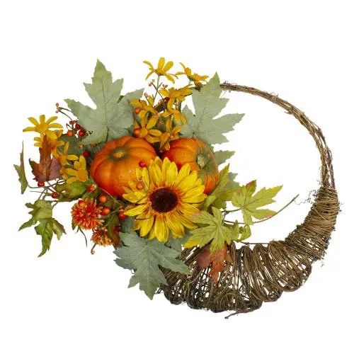 NORTHLIGHT Cornucopia And Sunflower With Pumpkins Artificial Thanksgiving Wreath20-inch