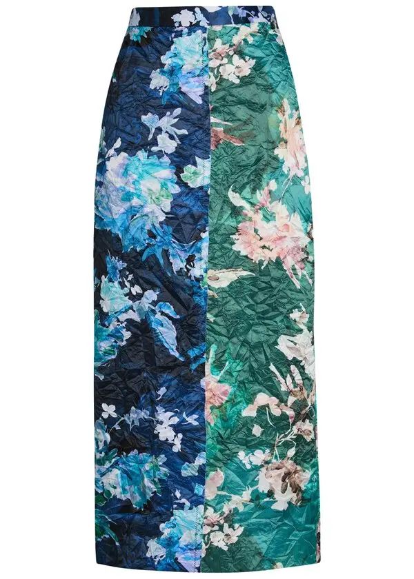 Erdem Floral-print Panelled Crinkled Satin Midi Skirt