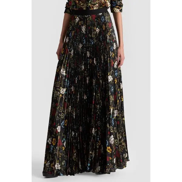 Alice + Olivia Katz Floral Pleated Maxi Skirt - Tapestry Trails/black