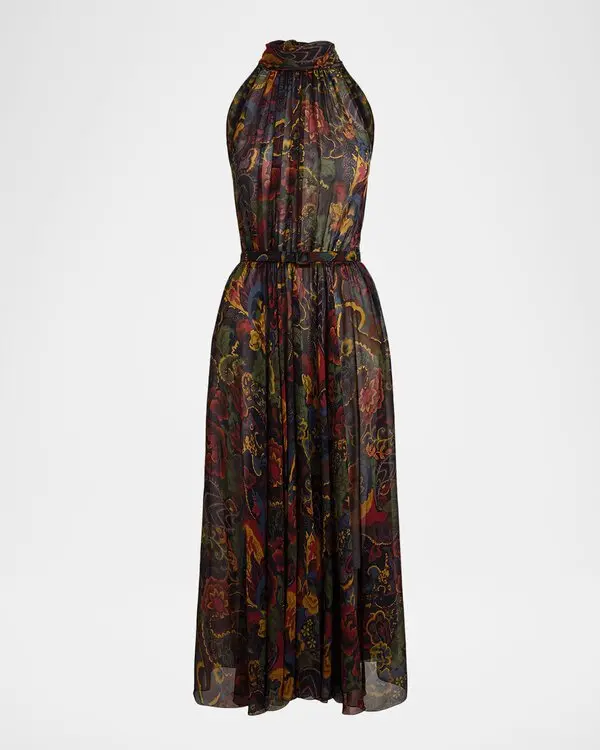 Ralph Lauren Kylee Floral Crinkle Chiffon Midi Halter Dress