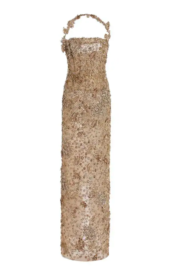 Oscar De La Renta Crystal-Embroidered Maxi Dress - Gold | Editorialist