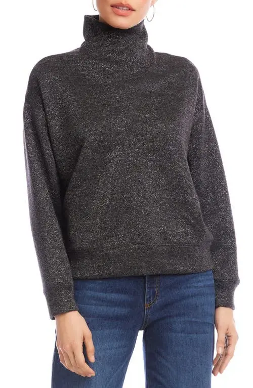Karen Kane Metallic Faux Wrap Turtleneck Top - Washed Black/silver