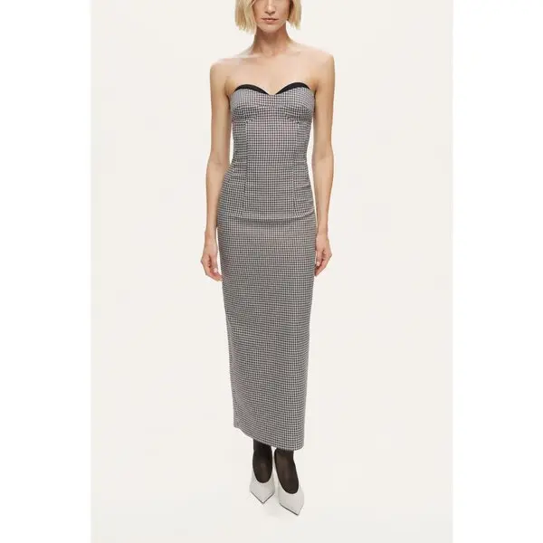 NOCTURNE Sweetheart Neckline Strapless Checked Midi Dress
