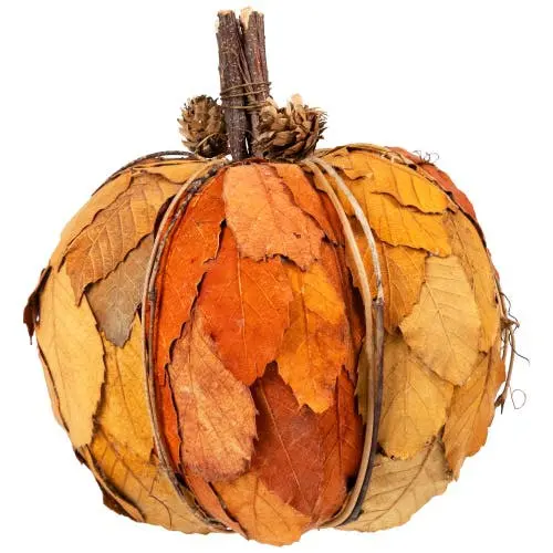NORTHLIGHT Layered Leaves Fall Harvest Pumpkin With Pinecones Decoration7.5" - Orange
