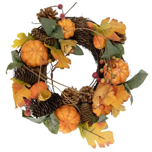 NORTHLIGHT Pumpkin And Pinecone Fall Harvest Wreath13.5"unlit - Brown