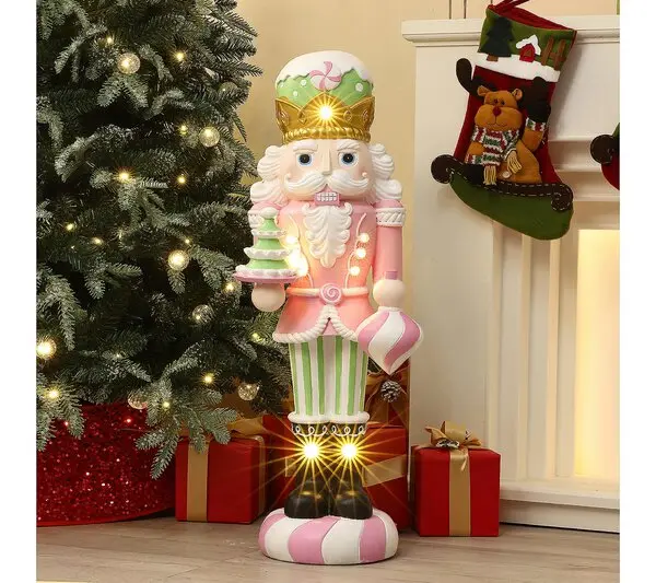 LUXEN HOME Luxenhome 3ft Lighted Nutcracker Pink Soldier W Ith Candy Tree