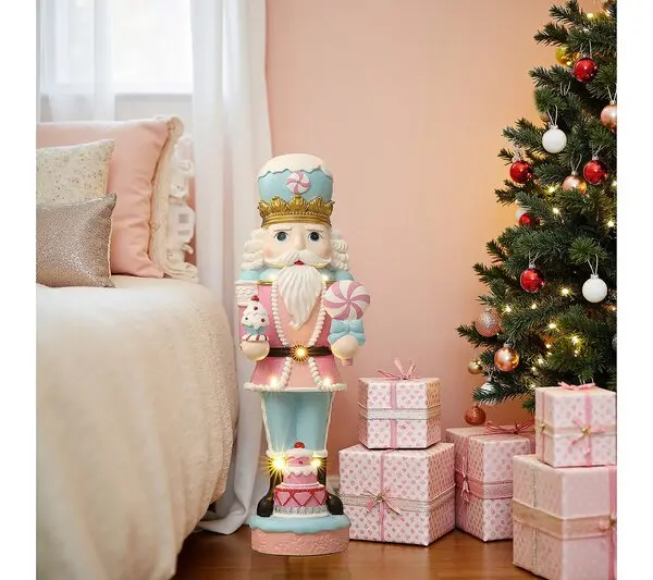 LUXEN HOME Luxenhome 3ft Lighted Pink Nutcracker With Cake, Xmas Decor