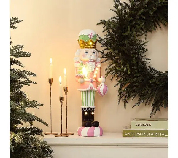 LUXEN HOME Luxenhome 2ft Lighted Nutcracker Pink Soldier W Ith Candy Tree