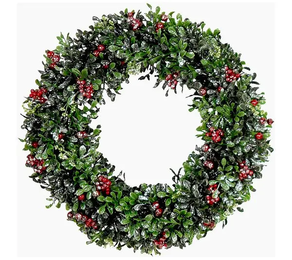 FRASER HILL FARM 20-in. Frosted Faux Boxwood Wr Eath With Red B