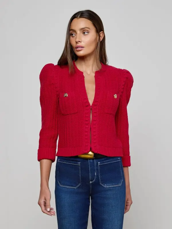 L'Agence Delli Cropped Cardigan - Engine Red/gold