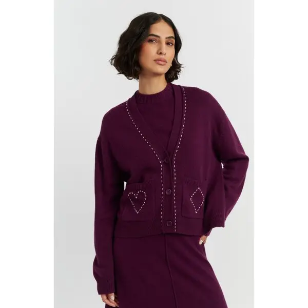 Chinti & Parker Wool Cashmere Queen Of Hearts Cardigan - Mulberry