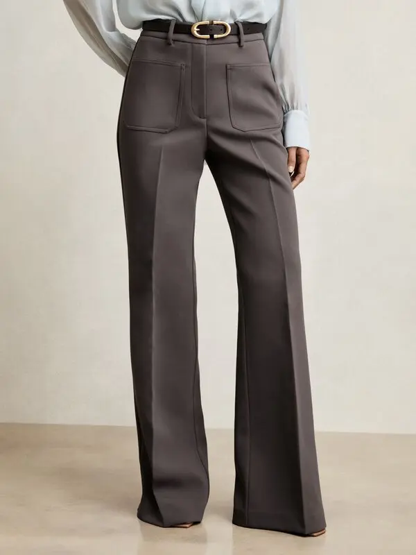 REISS Priya Petite Twill Patch-pocket Flared Trousers - Mauve Neutral