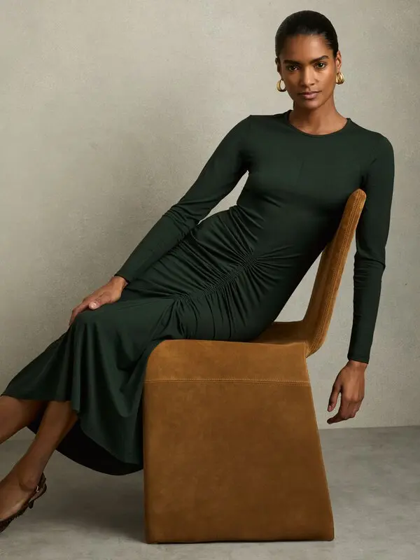 REISS Ginny Ruched Jersey Midi Dress - Green