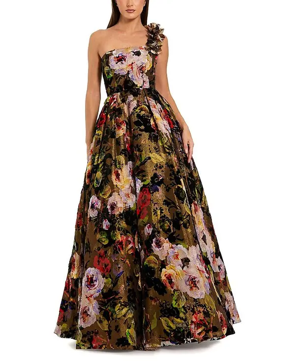 Mac Duggal Floral Print One-shoulder Ballgown - Black Multi