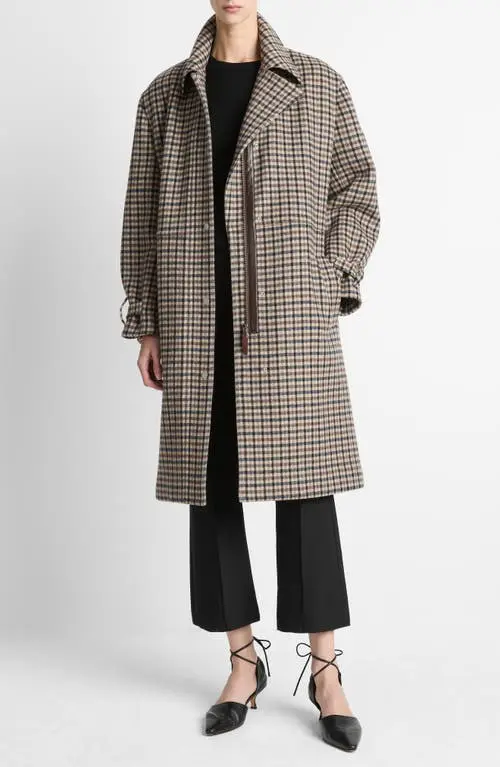 Vince Plaid Wool-blend Coat With Faux Leather Trim