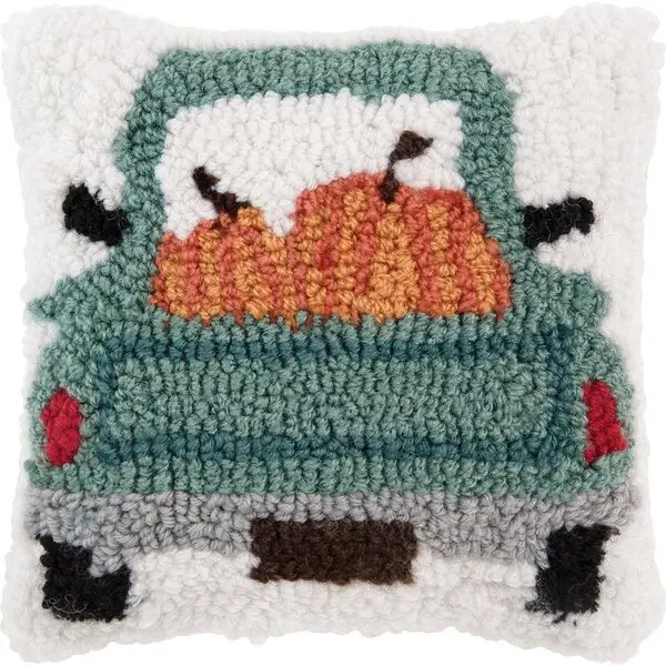 C&F HOME Pumpkin Pickup Truck Hooked Fall Mini Accent Pillow 8" X 8 - Blue