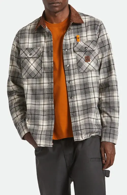Brixton Builder's Bowery Standard Fit Plaid Flannel Water Repellent Snap-up Shirt - Off White/black