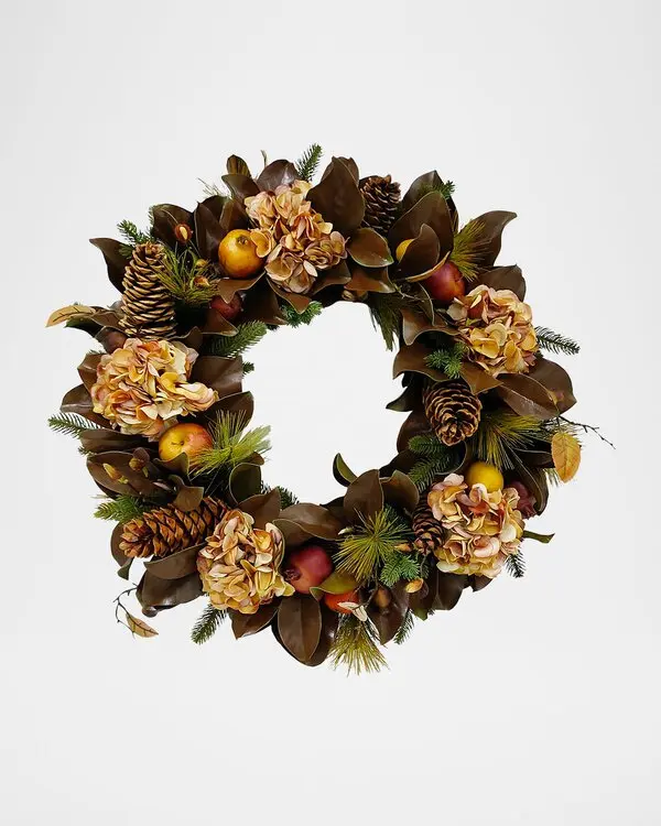 WINWARD HOME Hydrangea & Magnolia Leaf 30" Wreath - Linen Brown