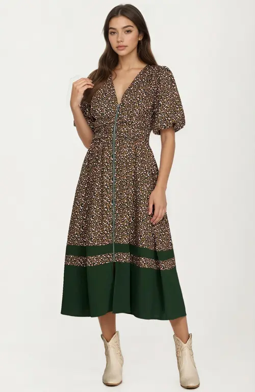 KNIT & LOUNGE Floral Print Zip Front Midi Dress - Brown /green Floral