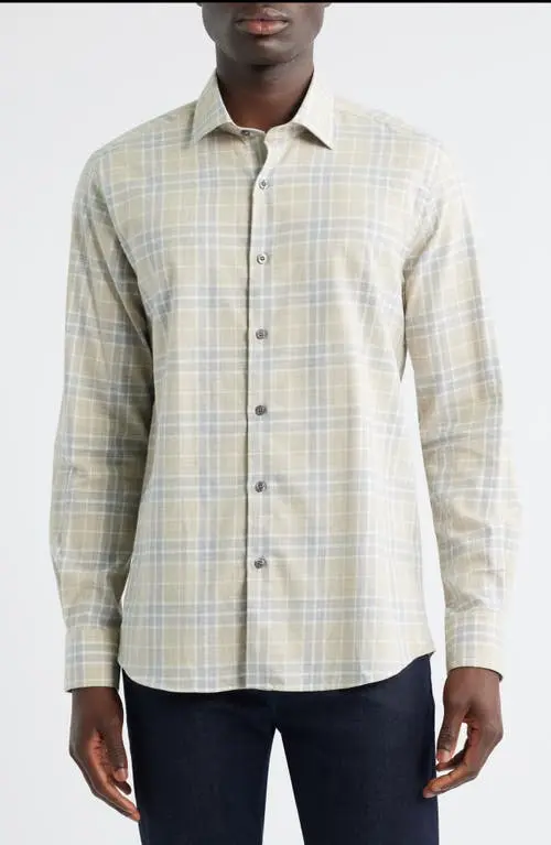 Scott Barber Weekend Regular Fit Heathered Plaid Cotton Button-up Shirt - Khaki Heather